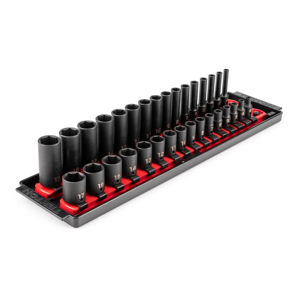 TEKTON 1/4 in. Drive 6-Point Impact Socket Set with Rails and Tray, 32 ...