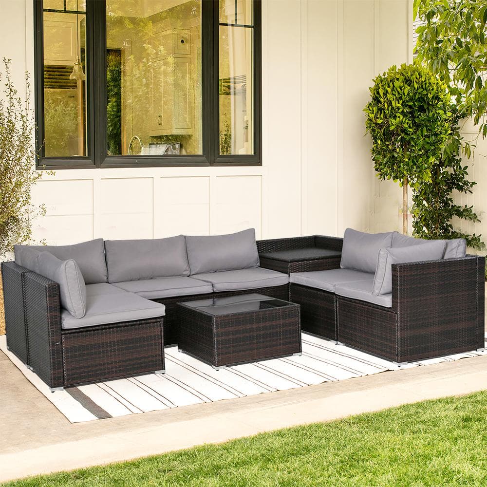 8-Piece Brown Wicker Outdoor Sectional Set with Gray Cushions and ...
