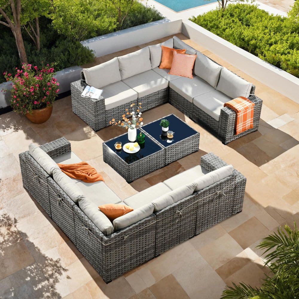 XIZZI Beatrice 12-Piece Wicker Outdoor Sectional Set with Beige ...