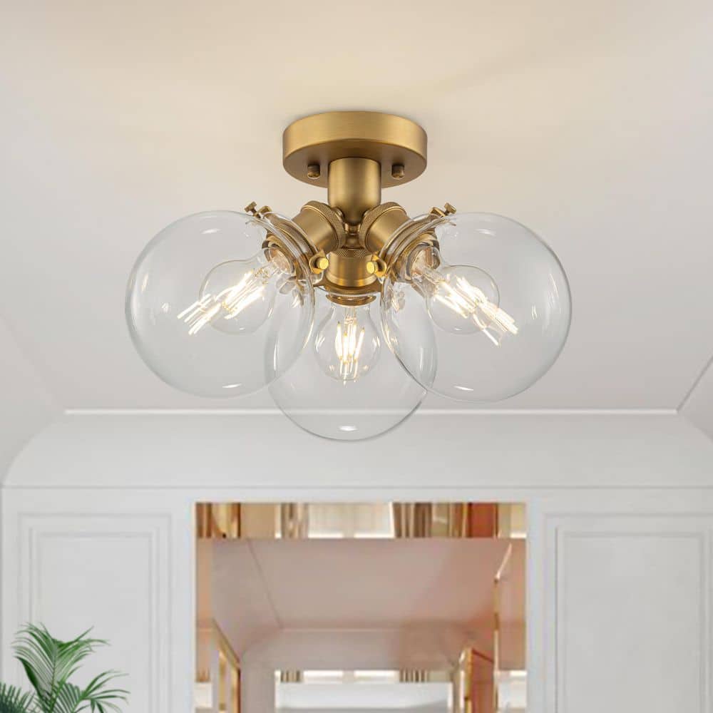 HUOKU Orbis 3-Light 13.8 in. W Brushed Gold Semi-Flush Mount Cluster Globe Ceiling Light with ...