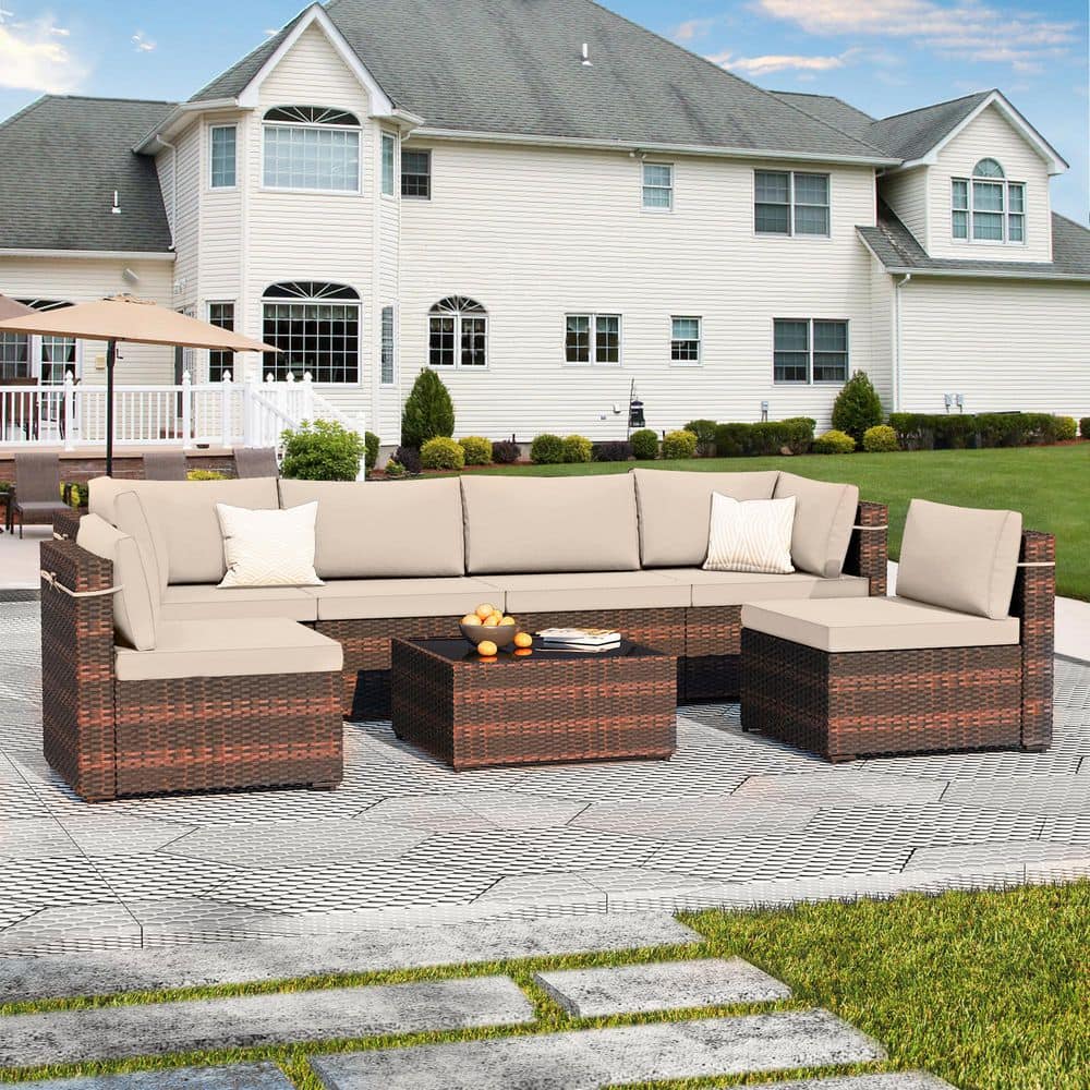 UPHA 7-Piece Wicker Patio Conversation Sectional Seating Set with Beige ...