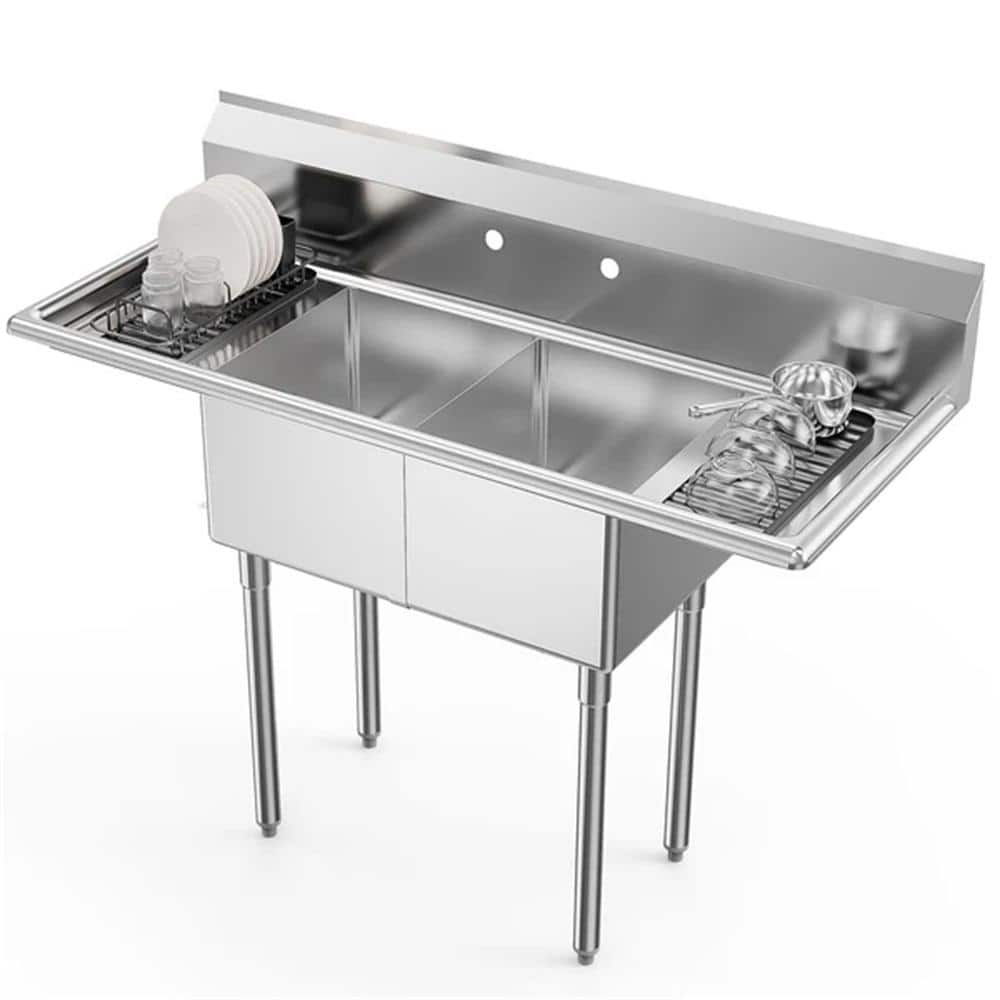 Karl home 52 in. Stainless Steel 2-Compartment Sink with 2 Drainboards ...