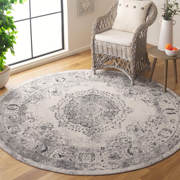 SAFAVIEH Odyssey 7 ft. x 7 ft. Gray/Ivory Distressed Ornate Round Area ...