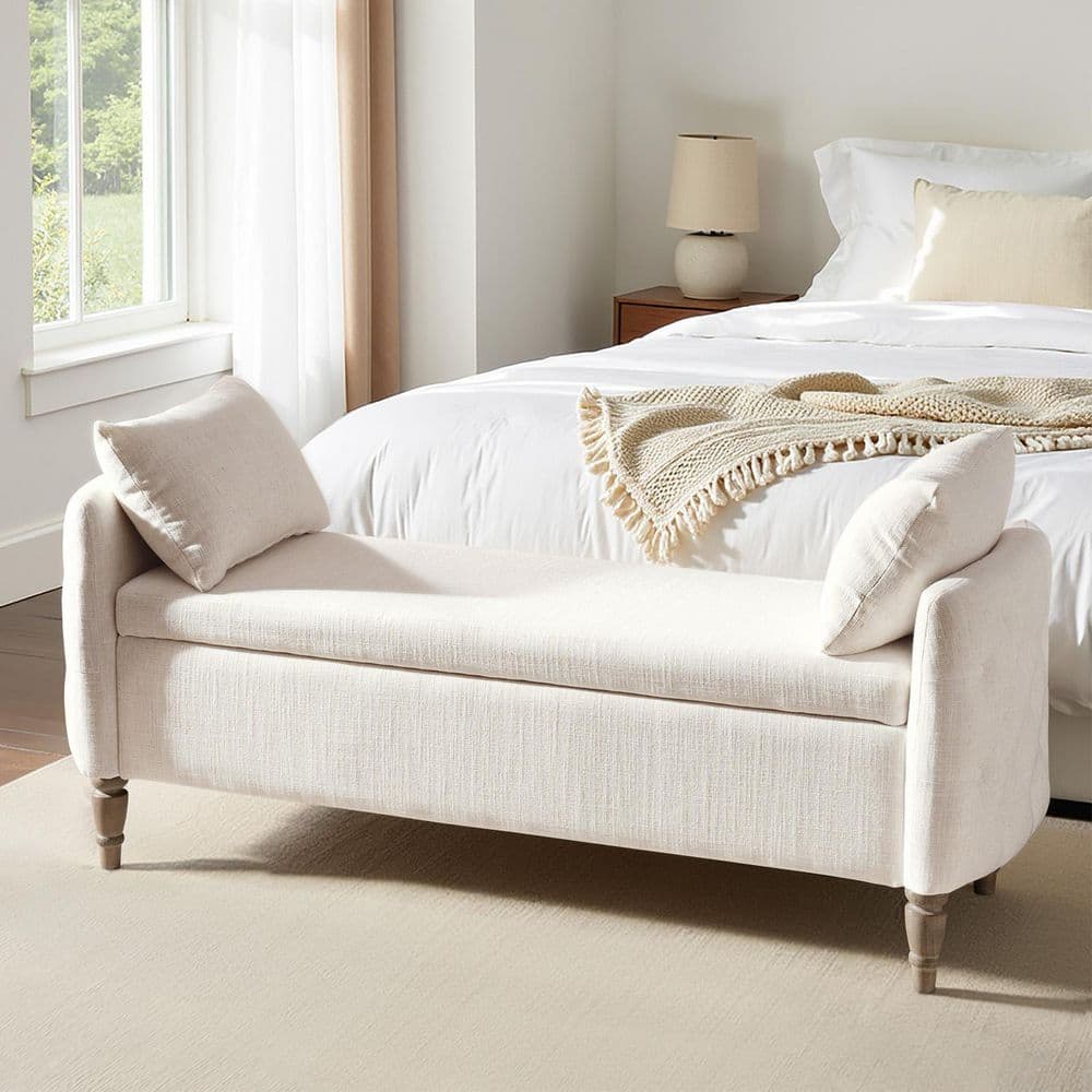 JAYDEN CREATION Reg 59 in. Ivory Bench with Solid Wood Legs BEM1578-IVY ...