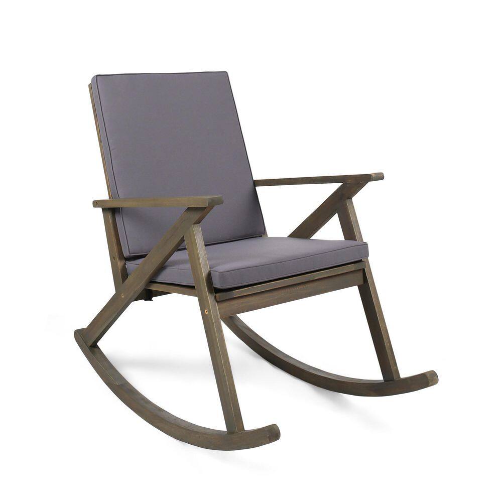 Jushua Gray Acacia Wood Outdoor Rocking Chair with Gray Cushions, Anti ...