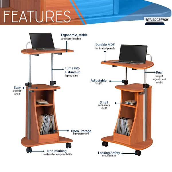 TECHNI MOBILI 22 in. Corner Wood Grain Chrome Laptop Desk with Adjustable Height Feature RTA B002 WG01