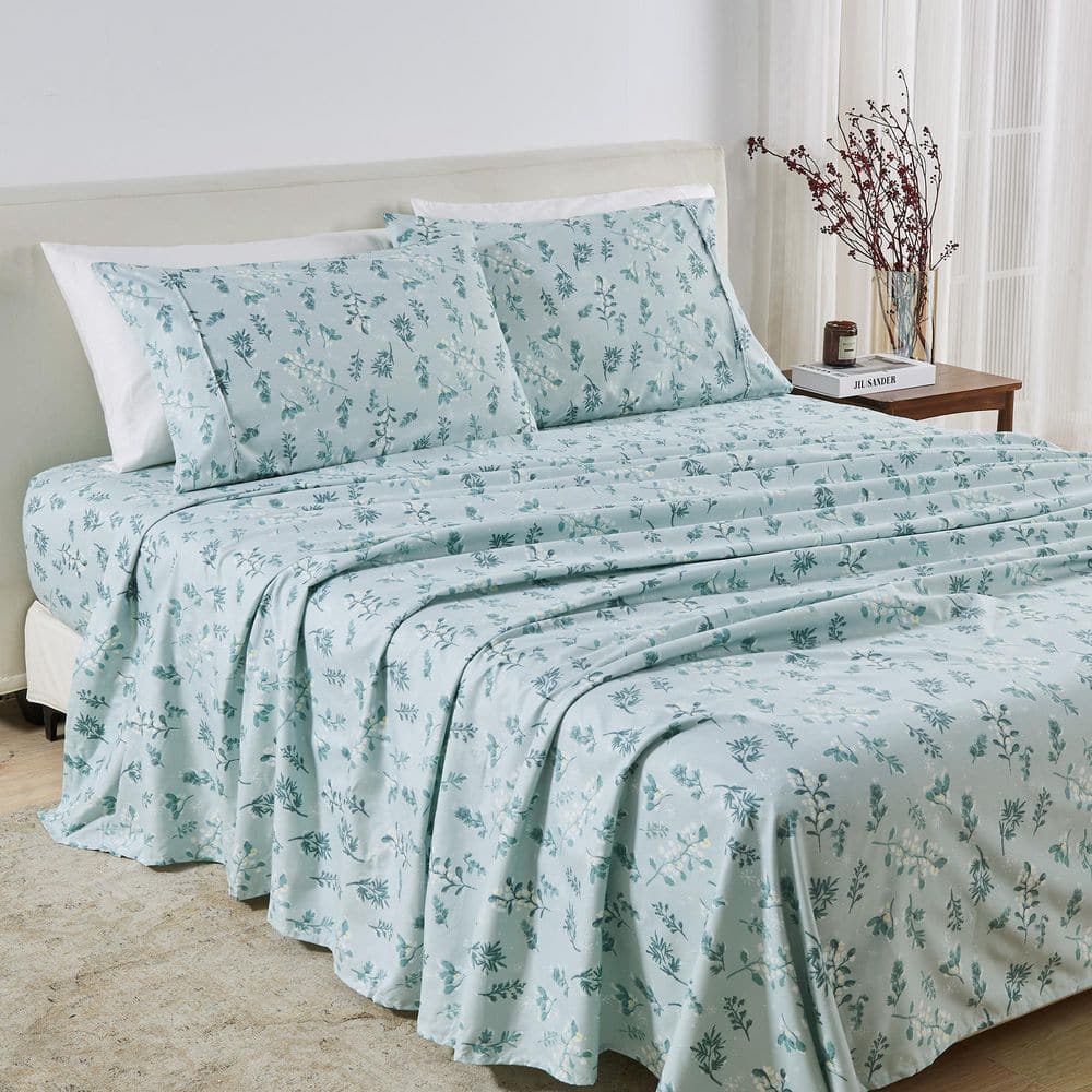 FRESHFOLDS Green Soft Floral Printed 4-Piece Microfiber Bed Sheet Set ...