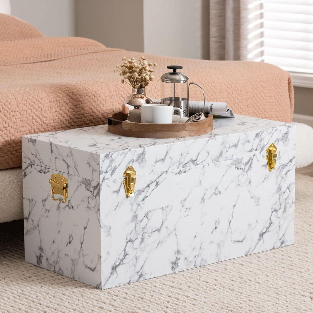 Baxton Studio Brenta Marble White Vinyl Wrapped Storage Trunk 31.5 in ...
