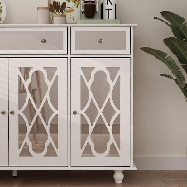 FUFU GAGA White Paint 4 Doors Mirrored Buffet Cabinet Sideboard With 3 Mirror Drawers and Adjustable Shelves for Kitchen Dining KF330041 01 The Home Depot