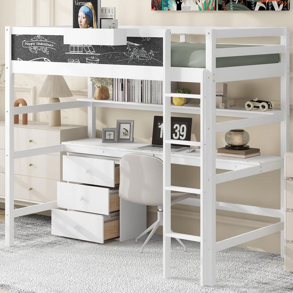 Polibi White Twin Size Wood Loft Bed with Desk, Blackboard, Storage Box, Shelf and 3-Drawers ...