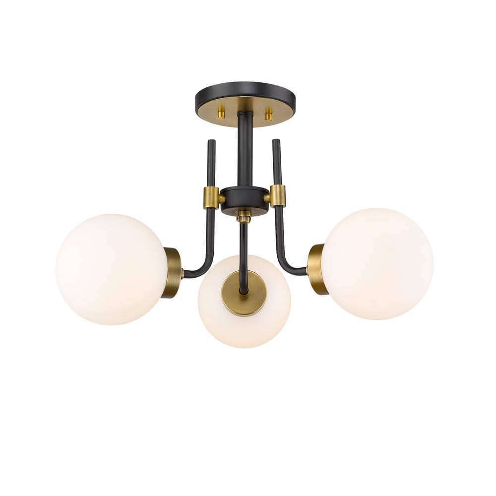 Parsons 22 in. 3-Light Matte Black and Olde Brass Semi Flush Mount with ...