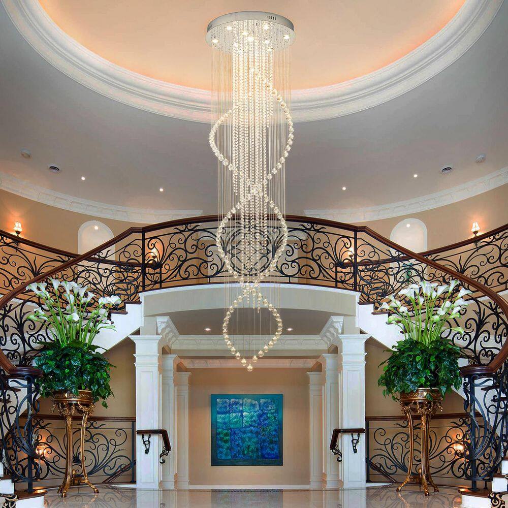 LLHZSY Adelman 10-Light Modern Chrome High Ceiling Crystal Chandelier for Staircase Foyer Living ...