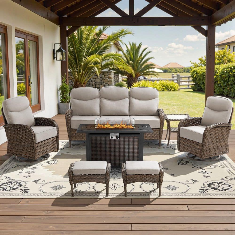 Pocassy High Crescent 7-Piece Brown Wicker Patio Conversation Set with ...