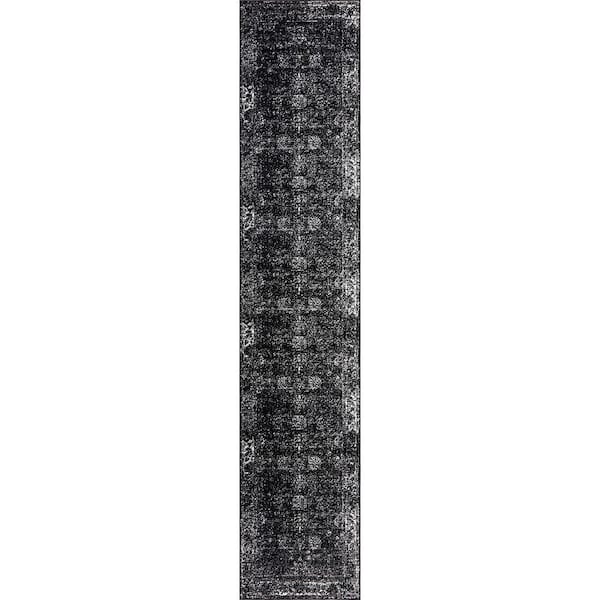 Black Polypropylene 2 ft. x 9 ft. 10 in. Abstract Indoor Runner Rug ...