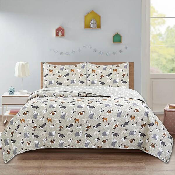 Harper Lane Puppy Crowd 3-Piece Grey Microfiber Full/Queen Quilt Set ...