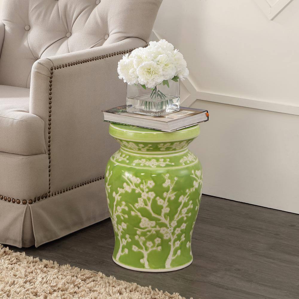 JONATHAN Y Cherry Blossom 17.75 in. Ceramic Garden Stool, Green/White ...