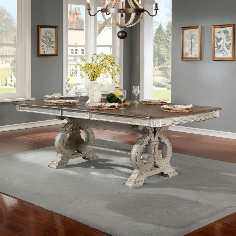 Furniture of America Willadeene Rustic Antique White Wood 96 in. Trestle Expandable Dining Table ...