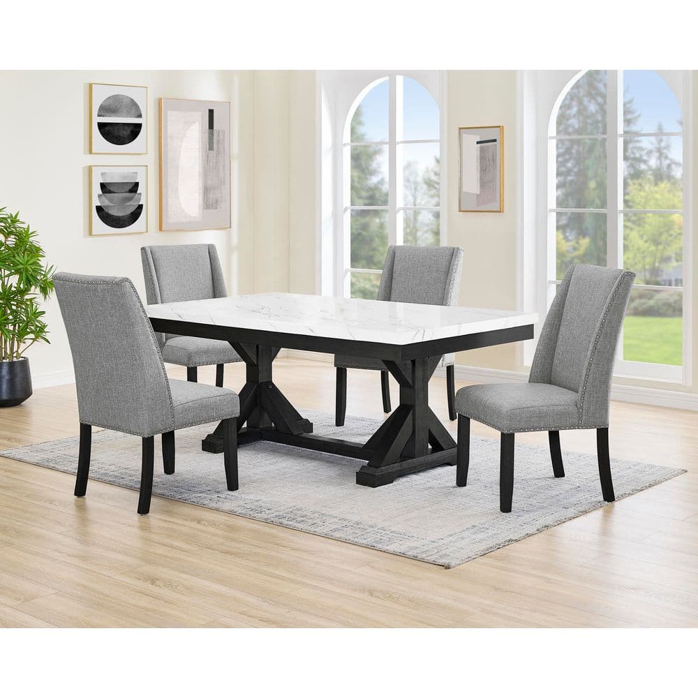 Best Quality Furniture Juno 5-Piece White Faux Marble Top Wood Rustic Grey Base Dining Set with ...