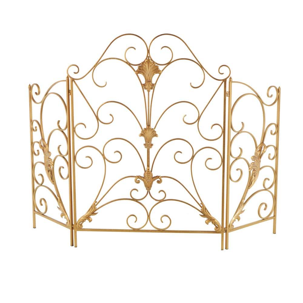Litton Lane Gold Metal Scroll Foldable 3-Panel Fireplace Screen with ...