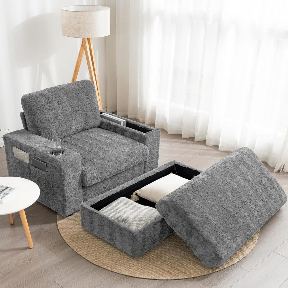 Qualler Gray Faux Fur Leather Chaise Lounge with Storage Ottoman and ...