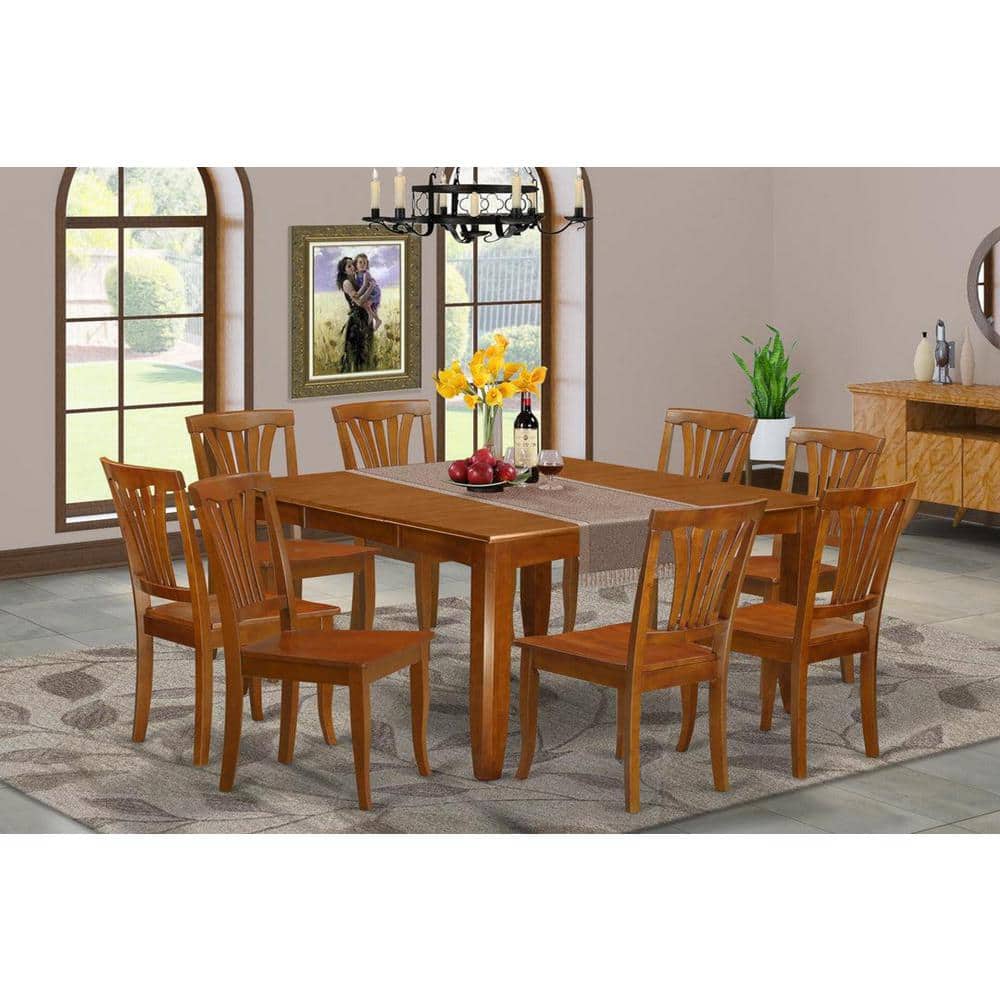 East West Furniture 9-Piece Square Saddle Brown Finish Solid Wood Top ...
