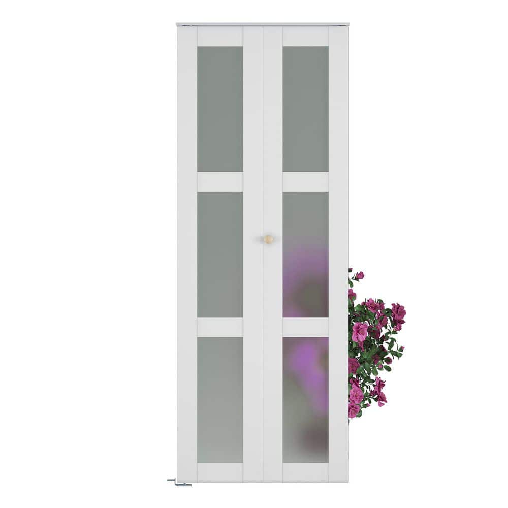 GOLDENPOLEY 32 in. x 78.75 in. 3-Lite Frosted Glass Solid Core White ...