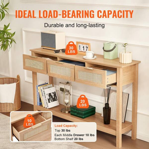 VEVOR Rattan Console Table with 3 Storage Drawers Rattan Entryway Table with Natural Rattan Sliding Door Console Sofa Table TBXGZ3CMSYGB1CXTKV0 1018