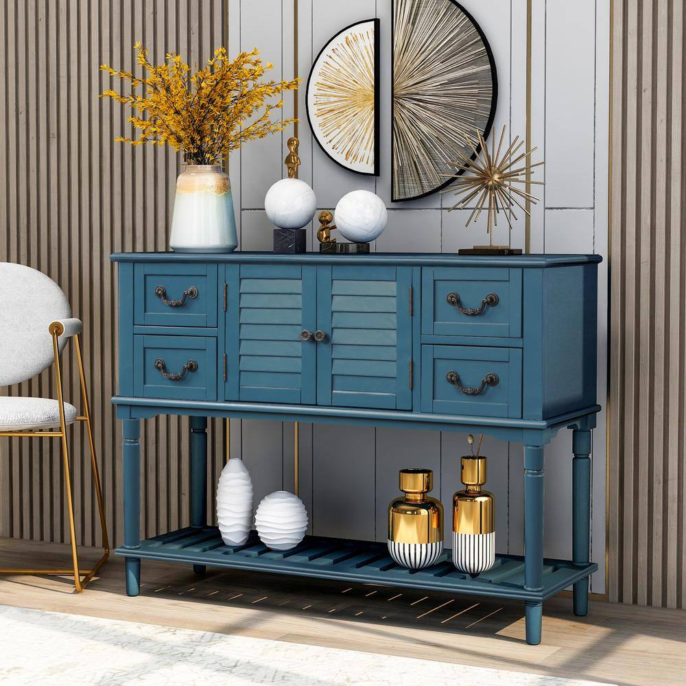 GOSALMON 45 in. Navy Rectangle Wood Console Table with Shutter doors ...