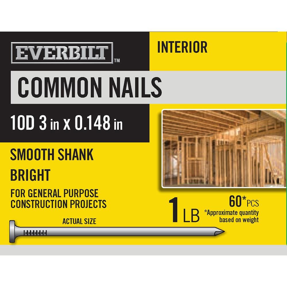 Everbilt 10D 3 in. Common Nails Bright 1 lb (Approximately 60 Pieces ...