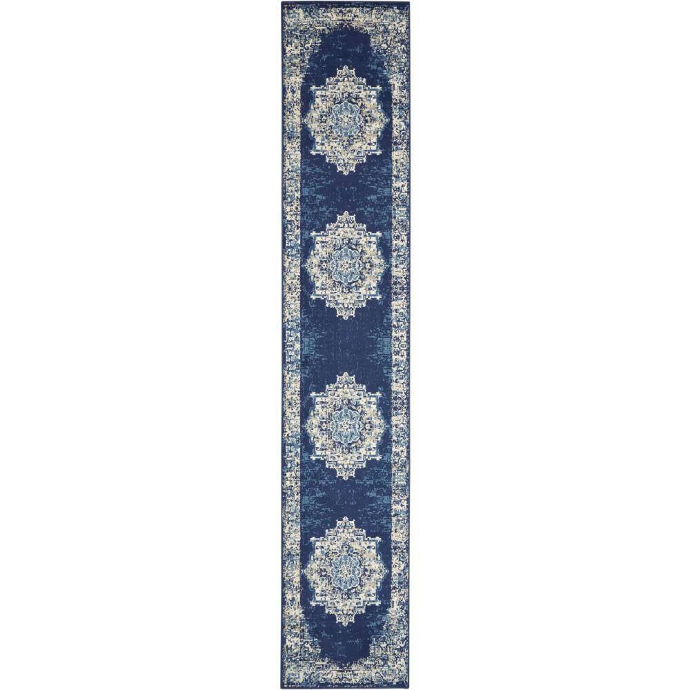 Nourison Grafix Navy Blue 2 ft. x 12 ft. Persian Medallion Transitional ...