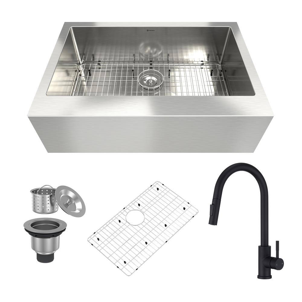 VANITYFUS 33 in. Farmhouse Single Bowls 18-Gauge Brushed Stainless ...