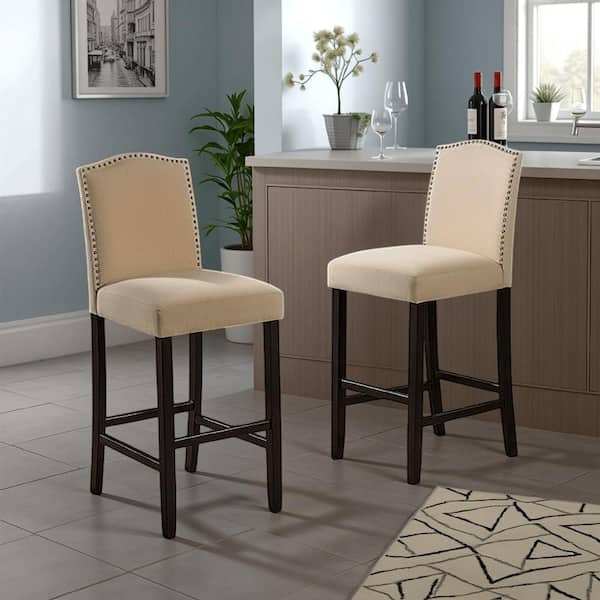 Benjara 45 in. H Beige and Black High Back Wood Bar Stool with Fabric ...