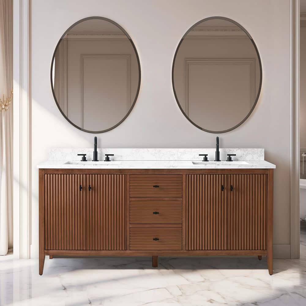 Vanity Art 72 in. W x 22 in D x 38 in. H Double Sink Bathroom Vanity Cabinet in Linear Walnut ...