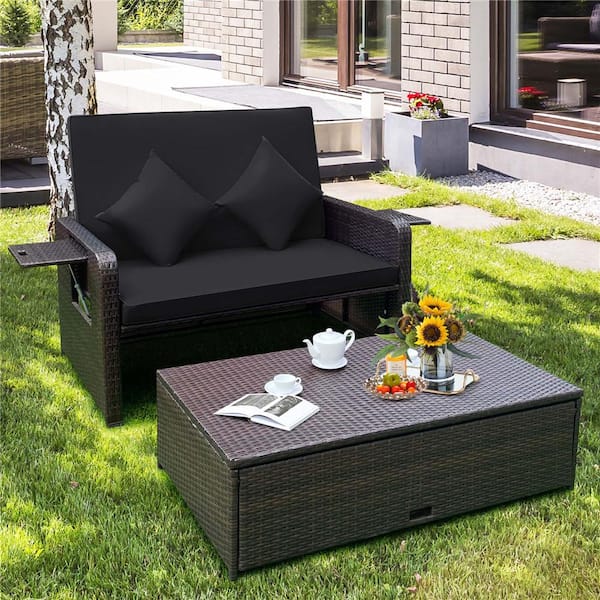 Costway 2 in 1 Function Wicker Outdoor Day Bed with Retractable Top Canopy Side Tables and Black Cushions QD 7064 A4 ADK