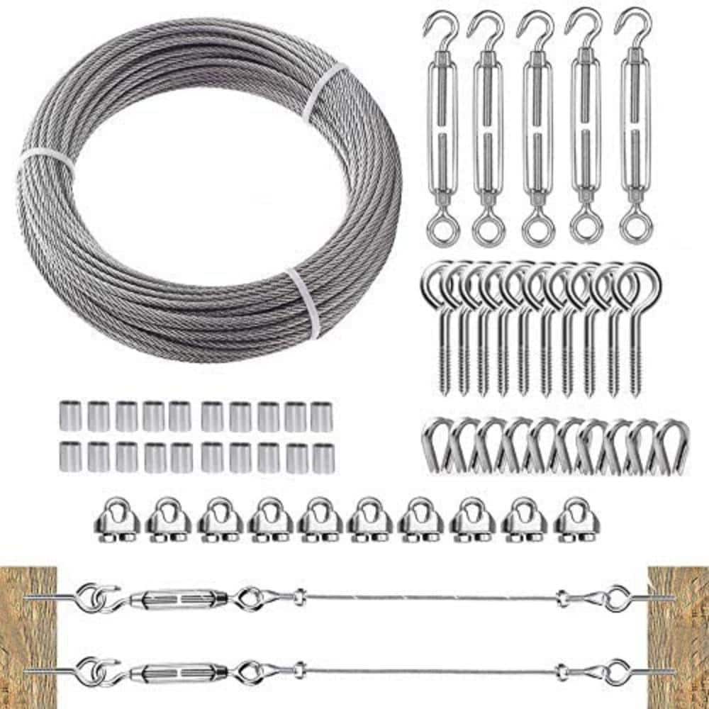 Angel Sar 100 ft. 1/8 in. Stainless Steel Wire Rope Kit, M6 Turnbuckle ...