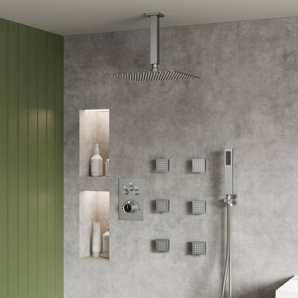 YAWWALK Thermostatic Shower System 7-Spray Ceiling Mount Square Shower ...