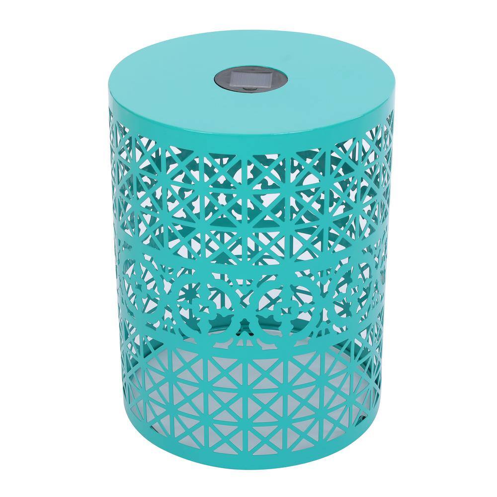 Teal Round Metal Outdoor Cranbrook Side Table Solar End Table with ...