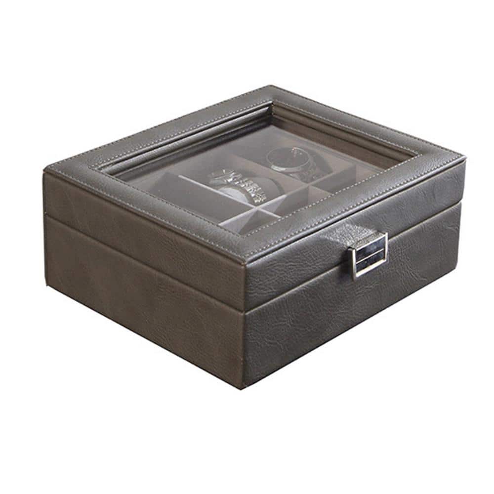 Benjara 9 in. Gray Faux Leather Watch Case with 8 Spaces and Glass Lid ...
