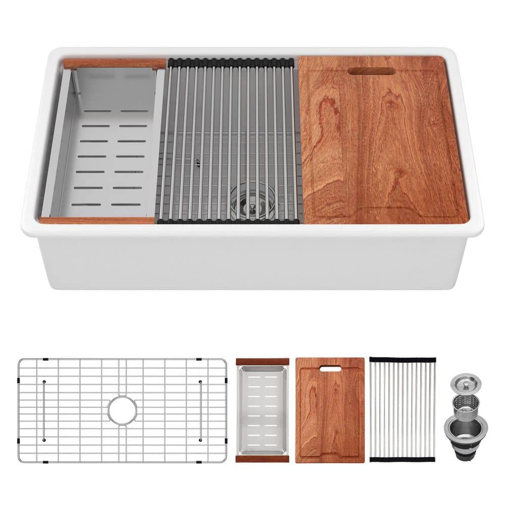 Qidian 33 in. Undermount Workstation Single Bowl White Ceramic Kitchen ...