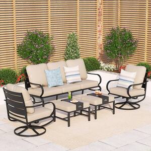 PHI VILLA Black 5-Piece Metal Meshed 7-Seat Outdoor Patio Conversation ...