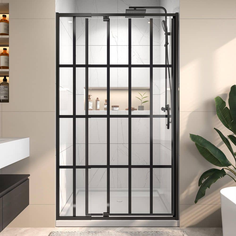 Xspracer Victoria 38-42 in. W x 71 in. H Pivot Swing Framed Shower Door in Black Silkscreen with ...