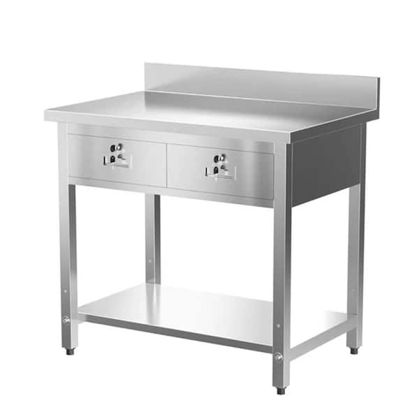 Karl home Silver Stainless Steel 36 in. Kitchen Prep Table with 2 Drawers 259676710618