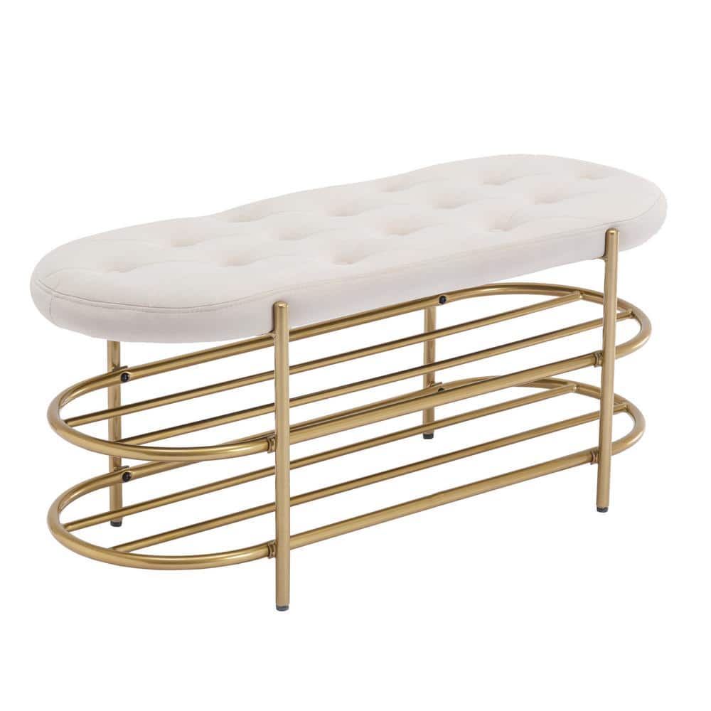 Beige Velvet Upholstered Bedroom Bench with 2-tier Shoe Shelf Space ...