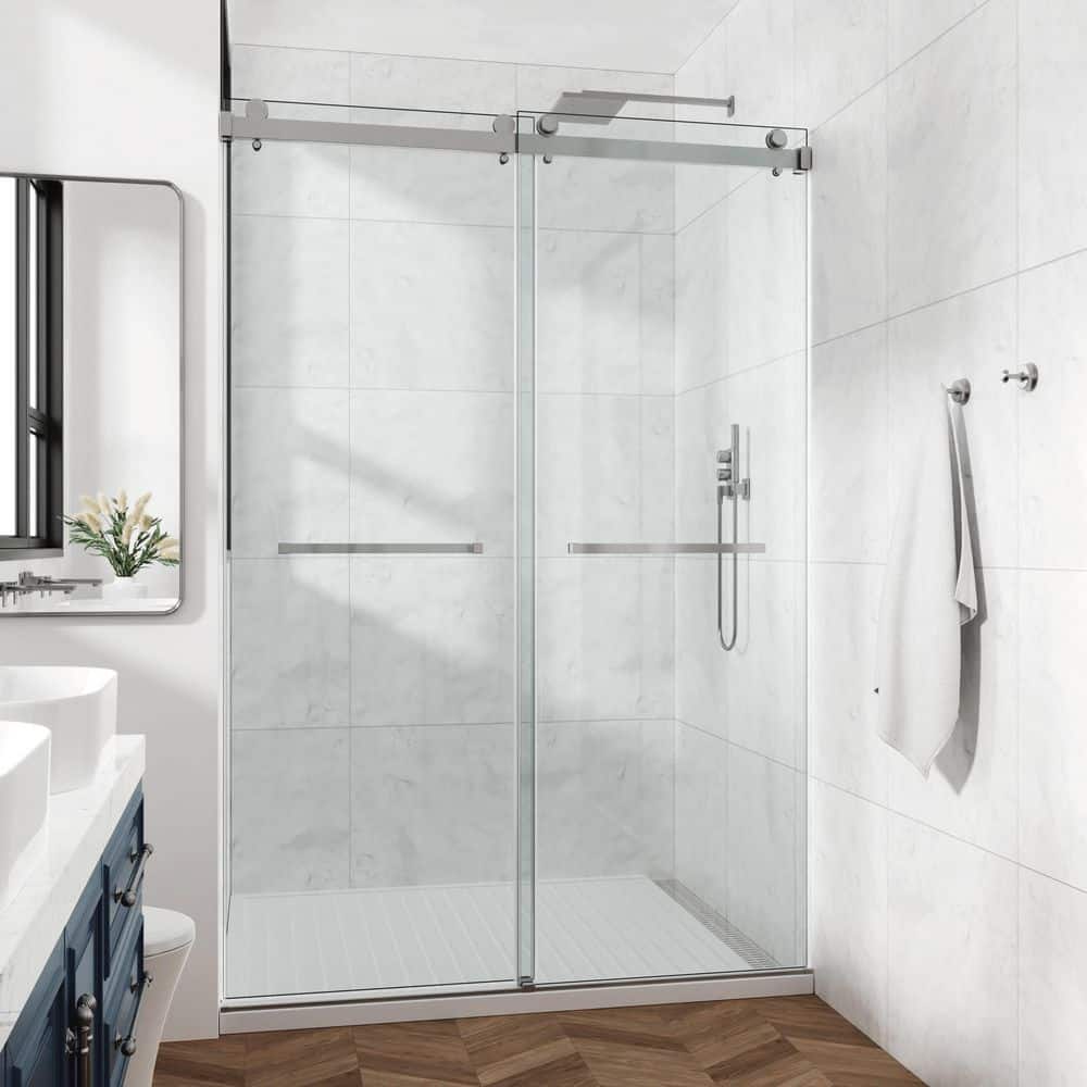 KZG 60 in. W x 76 in. H Frameless Single Sliding Shower Door in Brushed ...