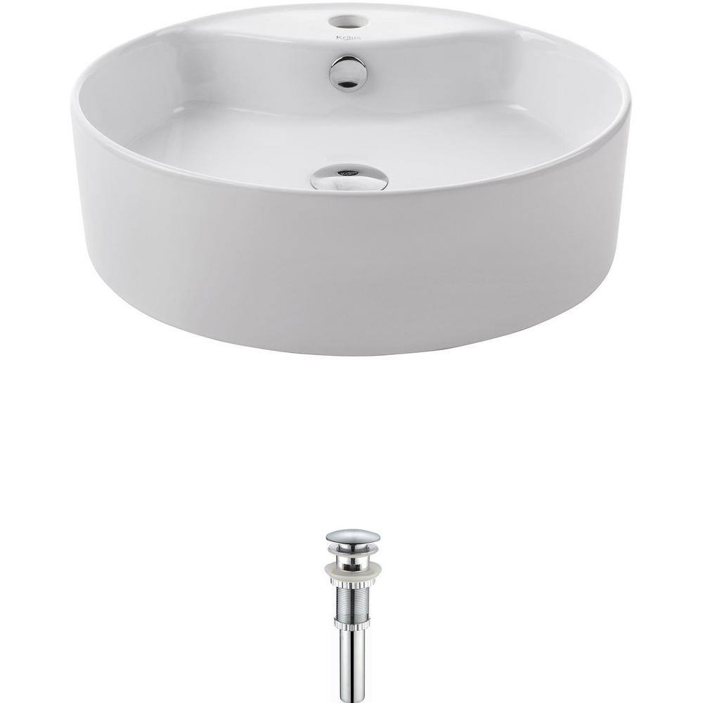 KRAUS Round Ceramic Vessel Bathroom Sink with Overflow in White with ...