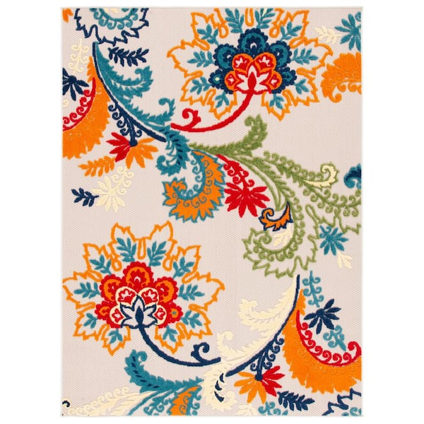 SAFAVIEH Cabana Ivory/Blue 3 ft. x 5 ft. Floral Scroll Indoor/Outdoor ...