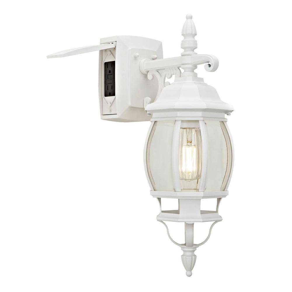 Sunbeam 1-Light White Outdoor Wall Lantern Sconce with Integrated GFCI ...