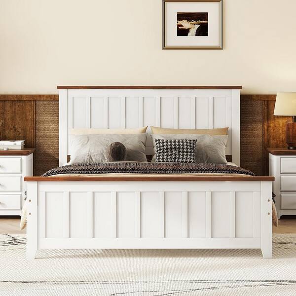 Harper Bright Designs White Wood Frame Full Size Vintage Platform Bed with Rectangular Headboard and Footboard LHC120AAK F The Home Depot