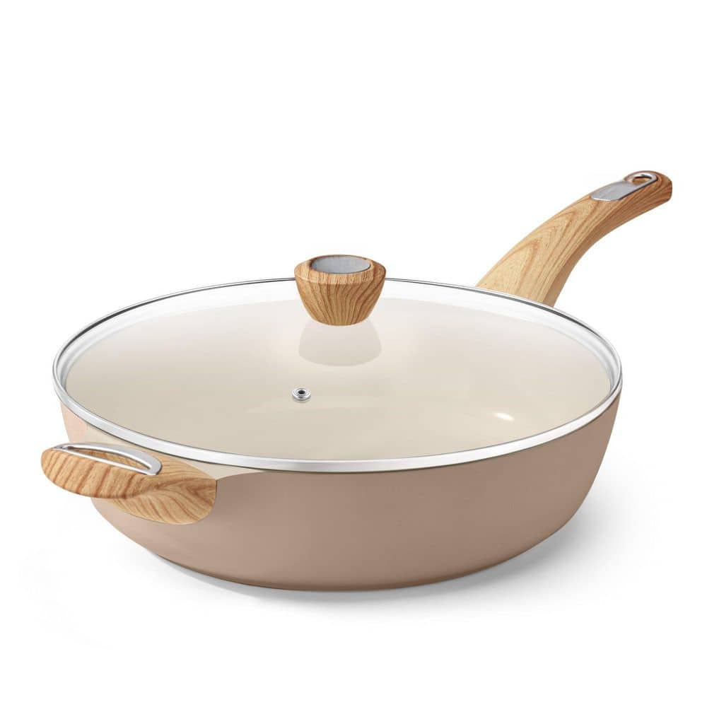 Numhew 12 in. Nonstick Frying Pan in Ceramic Taupe with Lid, 5 Qt Deep ...