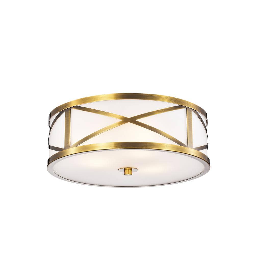 Jojospring Sue 15.7 in. 3-Light Metallic Goldtone Metal X Frame Glass Drum Shade Flush Mount FD ...